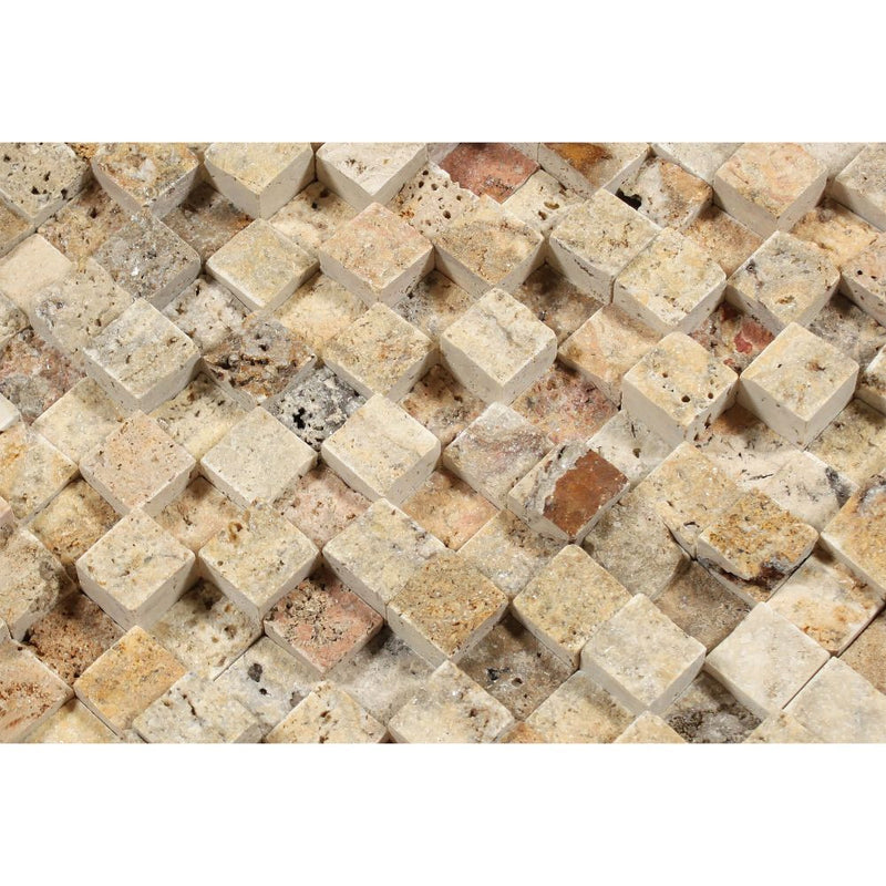 Scabos Travertine 3-D Mosaic Tile Split-faced 1x1 | Tilephile