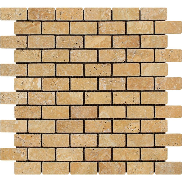 Gold Travertine Brick Mosaic Tile Tumbled 1x2 | Tilephile