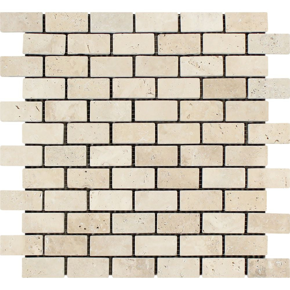 Ivory Travertine Brick Mosaic Tile Tumbled 1x2 | Tilephile