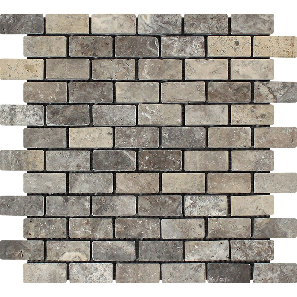 1 x 2 Tumbled Silver Travertine Brick Mosaic Tile Sample - Tilephile