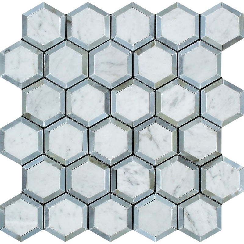 Bianco Carrara Marble 2" Vortex Hexagon Mosaic Tile Honed Blue - Tilephile