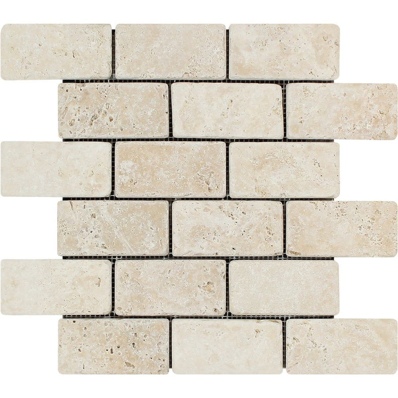 Ivory Travertine Brick Mosaic Tile Tumbled 2x4 | Tilephile