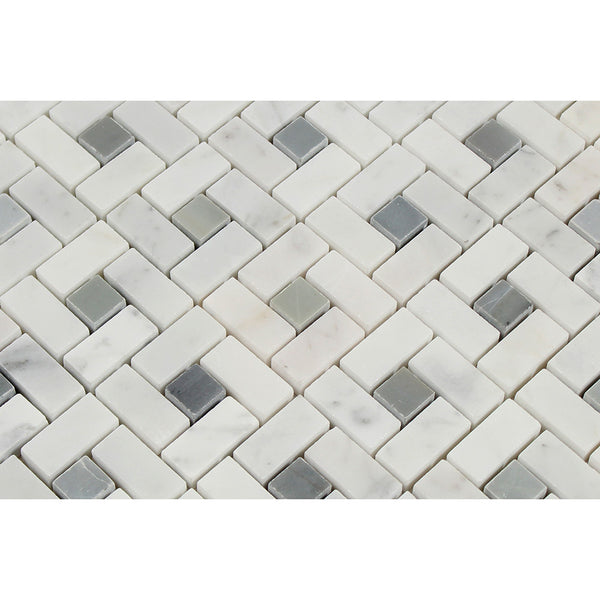 Bianco Carrara Marble Mini Pinwheel Mosaic Tile with Blue Dots Honed ...