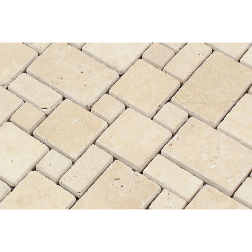 Ivory Travertine Mini Versailles Pattern Mosaic Tile Tumbled - Tilephile
